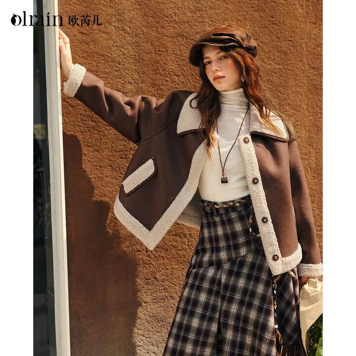 【OlrainGO57DP001891】Olrain欧芮儿女装冬季新款咖色仿皮毛一体设计感翻领麂皮毛外套 咖色 M【行情 报价 价格 评测】-京东