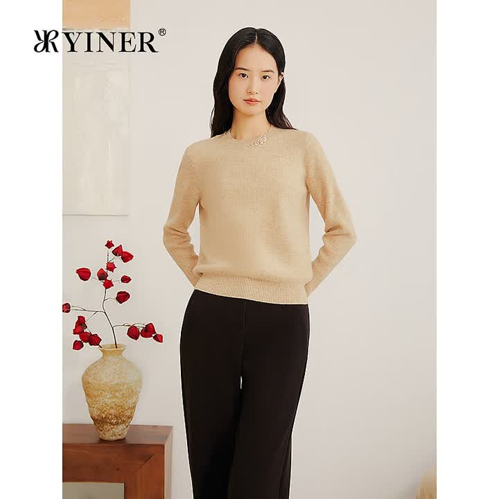 YINER音儿专选2025冬季新款法式钉珠装饰圆领美丽诺纯羊毛针织衫 奶油杏 S【图片 价格 品牌 报价】-京东