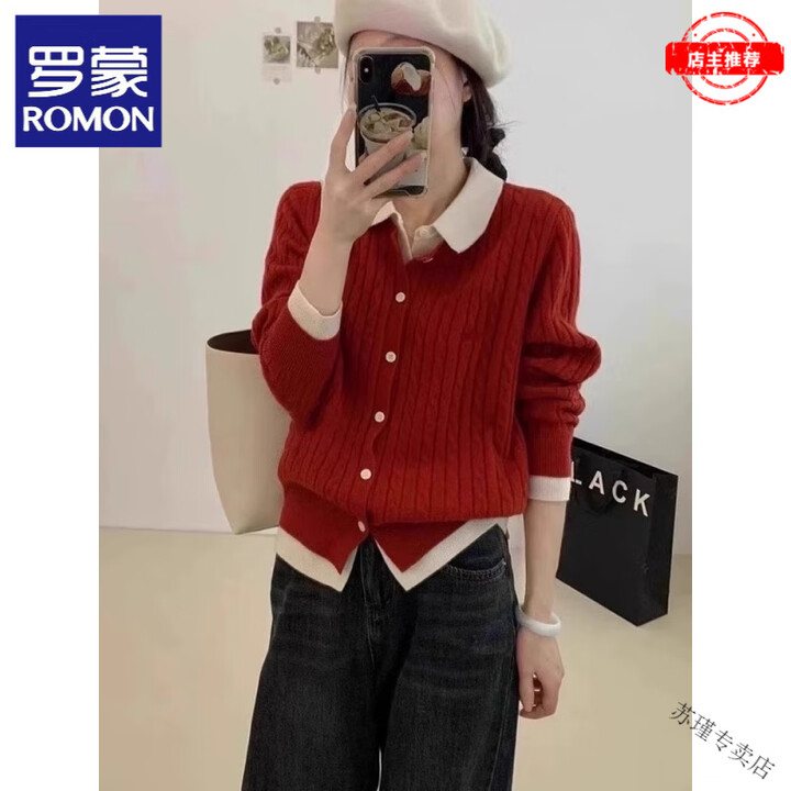 罗蒙（ROMON）春秋外穿翻领拼色假两件羊毛绒针织开衫女韩版宽松长袖短款毛衣厚 100%纯羊毛-红色 优选品质-女装 M【图片 价格 品牌 ...