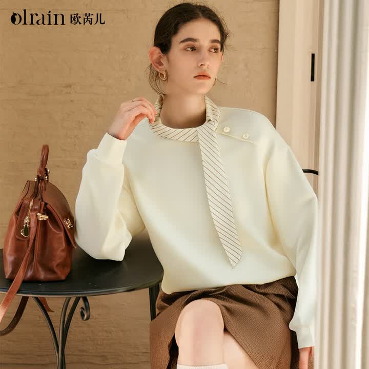 Olrain欧芮儿新款女装春季法式圆领拼接丝巾绑带假两件套头卫衣 杏色 M【图片 价格 品牌 报价】-京东