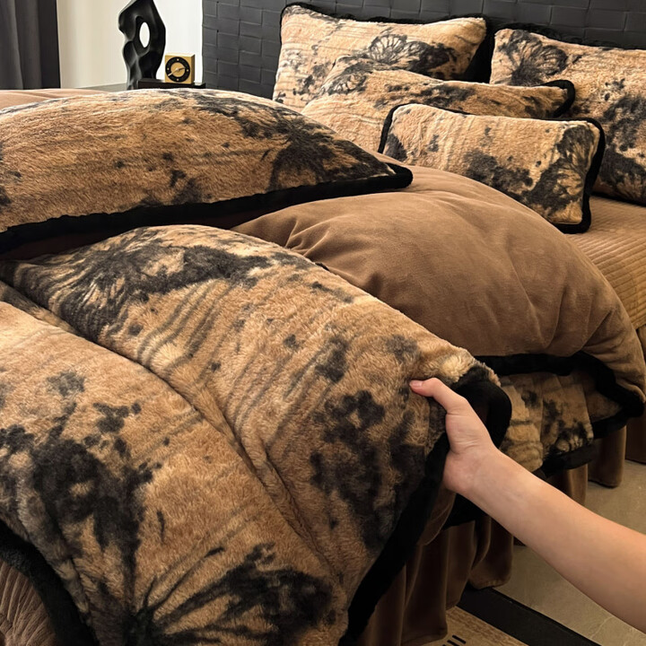 水星系列家纺复古牛奶绒四件套美拉德秋冬季加厚保暖双面兔绒被套床单床上用品 黑影蝶梦 床盖款 2.0m四件套-被套220*240【图片 价格 ...