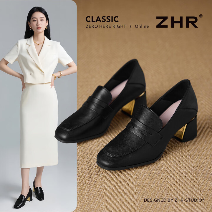 【ZHR单鞋】ZHR单鞋女气质粗高跟女鞋春秋百搭乐福鞋通勤两穿工作皮鞋 D118黑39【行情 报价 价格 评测】-京东