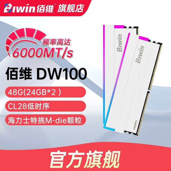 佰维（BIWIN）DW100 48G(24G×2)套装6000频率R5 海力士 台式机内存条RGB灯 48GB 2条套条(24GB*2) 1GB 1条 DW100-黑 6000/C28 M-d ...