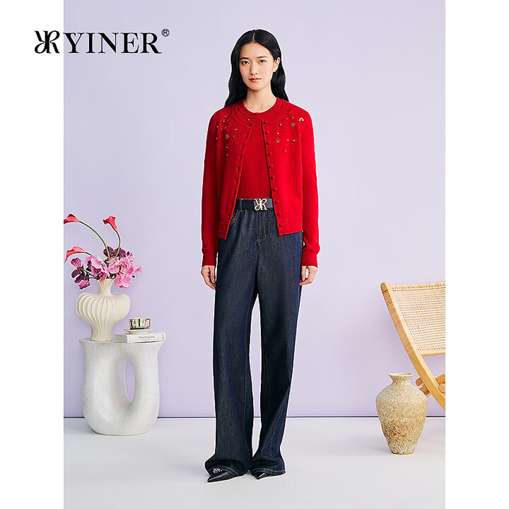 音儿（YINER）音儿专选2026春季新款绣蕊新春系列钉珠美丽诺羊毛针织衫 中国红 S【图片 价格 品牌 报价】-京东