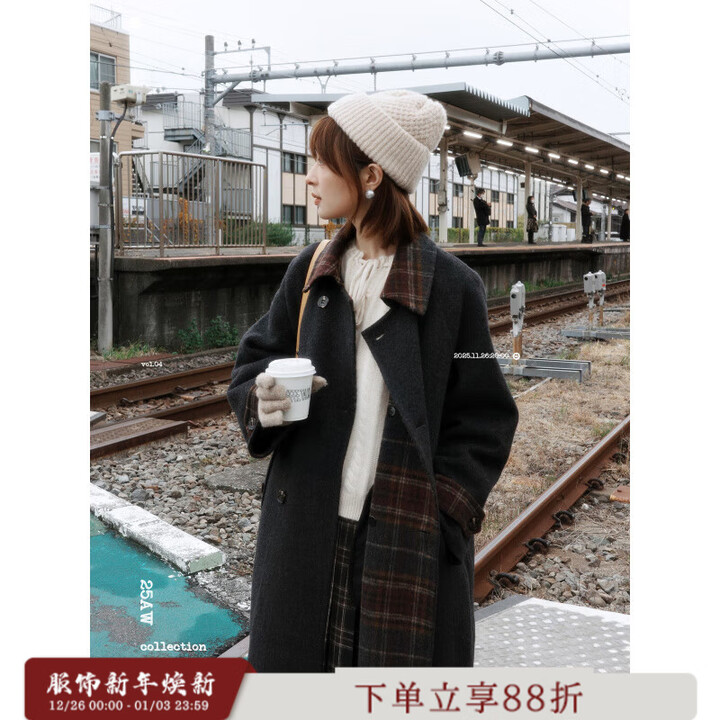 LE BEMIO「白描工作间」"诺丁格蕾"双面呢格纹翻领复古文艺大衣毛呢外套女 深灰色预售 XS【图片 价格 品牌 报价】-京东