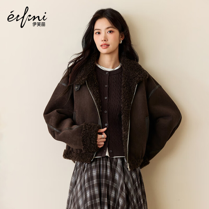 伊芙丽（eifini）伊芙丽时尚拼接设计咖啡色麂皮短外套女2025秋冬新款毛毛外套女 砂岩棕 L 120-135斤【图片 价格 品牌 报价】-京东