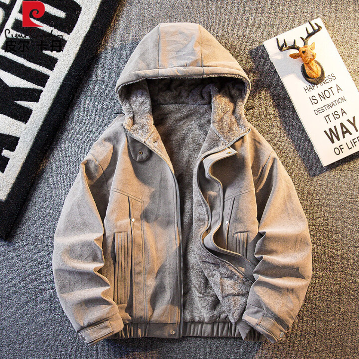 皮尔卡丹（pierre cardin）重磅双面穿座山雕棉服外套男冬季加绒加厚棉衣麂皮绒机车夹克 灰色 2XL 【适合166-185斤】【图片 ...