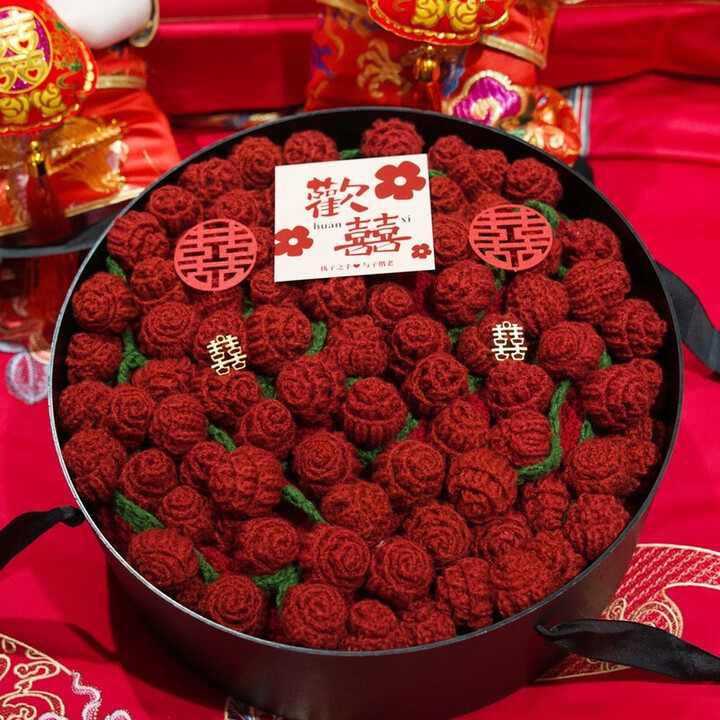 OEMG玫瑰花束毯子百喜毯新婚结婚订婚礼物送新人新娘闺蜜高级高档实用 【花海礼盒】金喜红色毯-6件套 【160cm】-99朵红玫瑰【图片 价格 ...