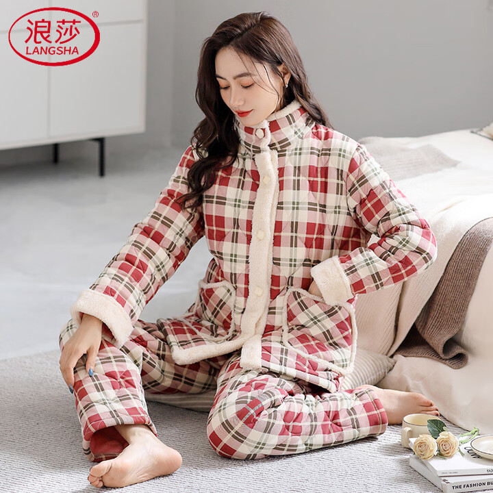 浪莎（LangSha）睡衣女冬季纯棉三层保暖加绒加厚高领棉袄套装加大码可外穿家居服 L#8808 (外棉.里绒料) M 建议体重90斤-100 ...