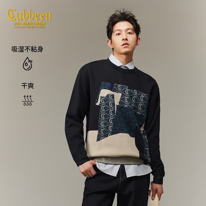 卡宾（CABBEEN）【棉尼龙】logo提花设计长袖线衫几何图腾图案2025冬季毛衣 煤黑色01 M /170/48【图片 价格 品牌 报价】-京东