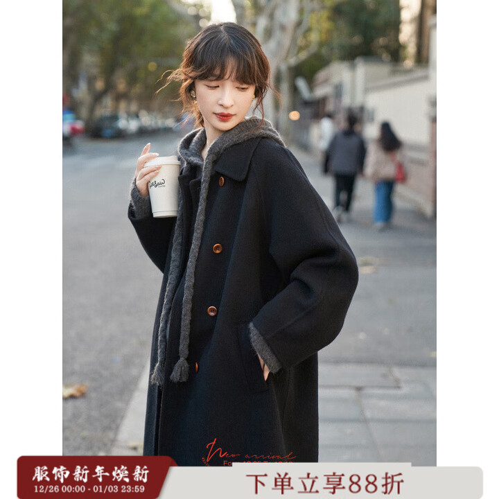 LE BEMIO「白描工作间」"冷冬都柏林"文艺复古系带长毛加厚双面毛呢大衣 黑藏青预售 “改良版” S【图片 价格 品牌 报价】-京东