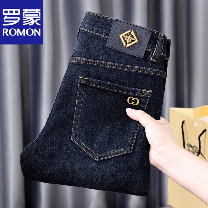 罗蒙（ROMON）2025秋冬季深蓝色破洞牛仔裤男式修身小脚弹力直筒长裤 GM8792蓝色秋冬 32 2.5尺【图片 价格 品牌 报价】-京东