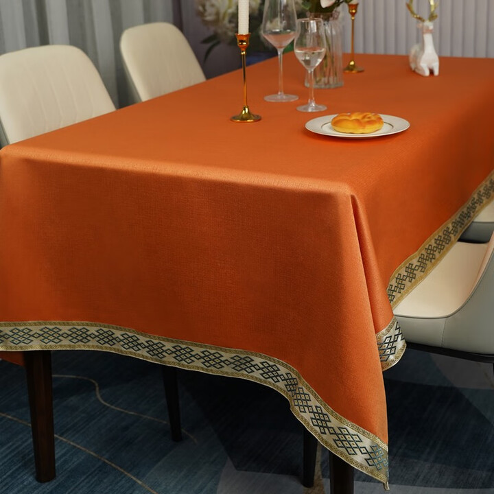 梦中情人防水桌布轻奢高级感现代简约 酒店餐厅家用长方形加厚布艺餐台布 安迪克桌布菱形边-爱马橙 137*200cm（适合1.4-1.5米长桌 ...