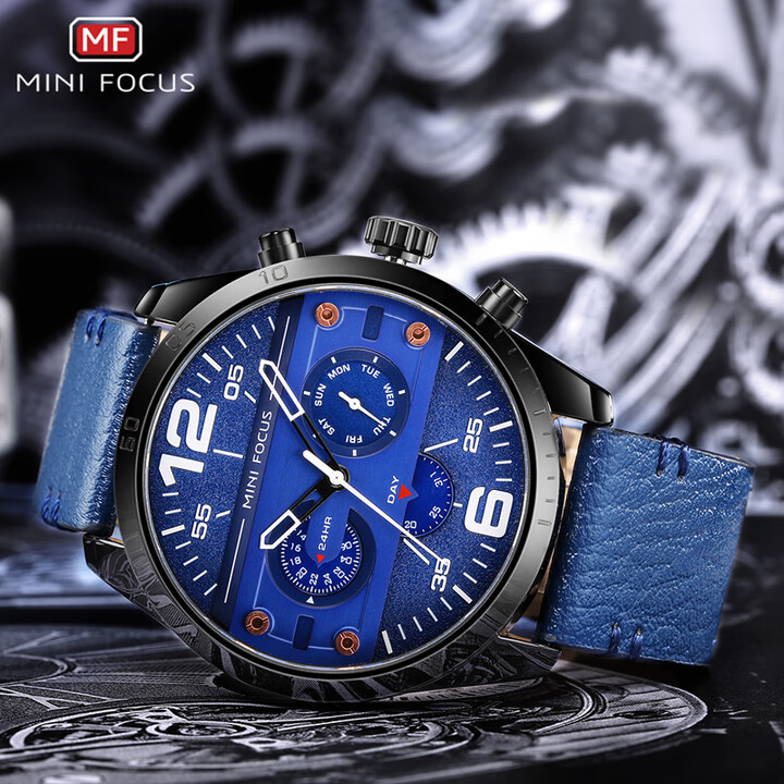 MINIFOCUS男士手表潮流时尚防水星期日历学生进口机芯石英腕表男友 MF0068G MF0068G 04黑壳蓝面蓝皮带【图片 价格 品牌 ...