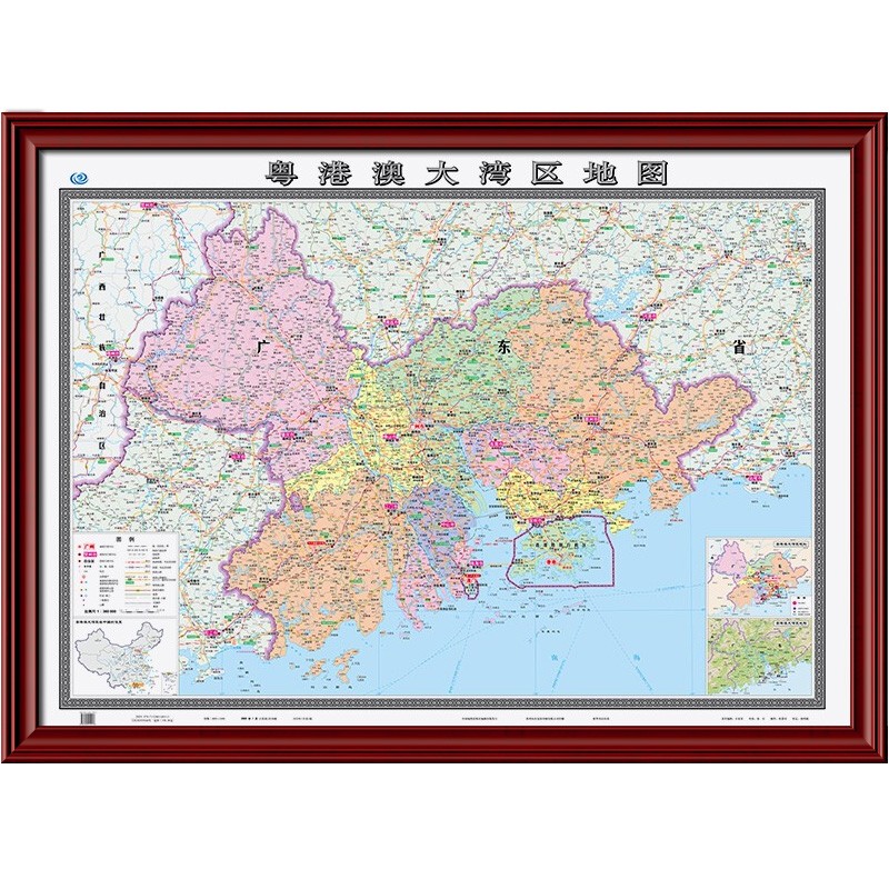 【定制边框】2021年 粤港澳大湾区地图 木框装裱挂图 约1.6米*1.2米