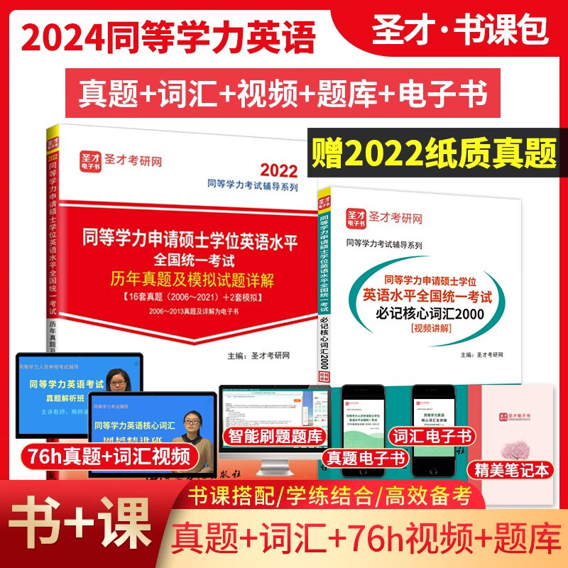 2024同等学力申硕申请硕士学位英语水平全国统一考试大纲指南第六版6版+历年真题及模拟试题含2022年真题详解+词汇+视频 圣才 2本 真题【赠2022年纸质版真题】+词汇