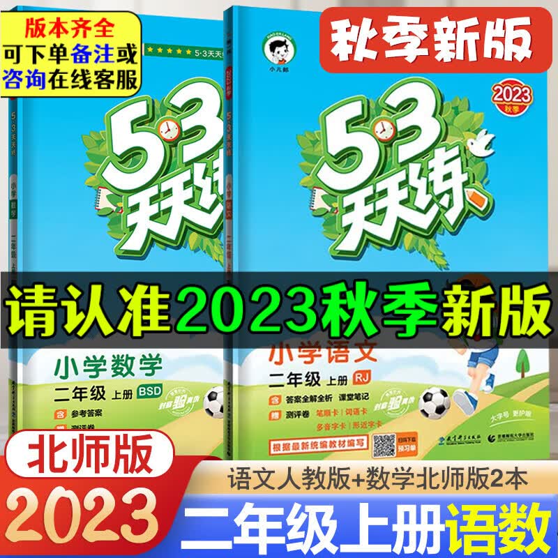 自选2023秋新版53天天练二年级上册语文数学人教版北师苏教西师冀教版小学五三5.3天天练2二年级上下册同步训练习册全优卷 二年级上册 语文+数学【北师版2本】