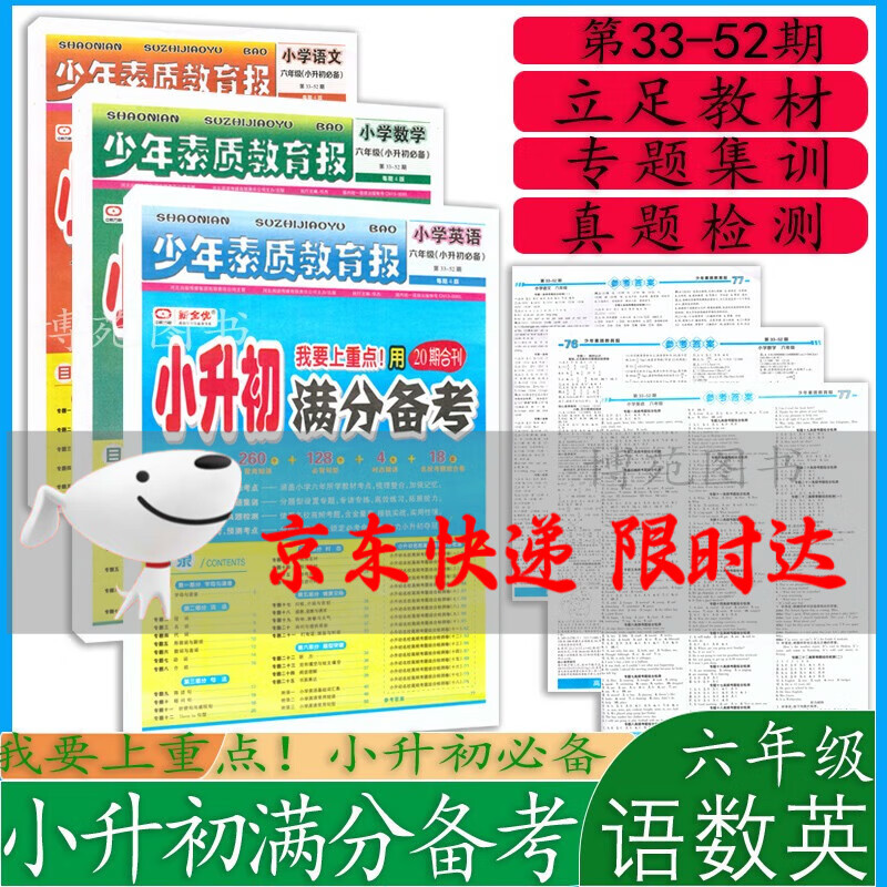 2023春少年素质教育报小升初满分备考语文数学英语六年级第33-52期毕业总复习报纸 语文数学英语（共3册）