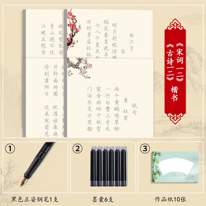 古风版古诗词字帖女生字体漂亮临摹唐诗宋词练字帖卫夫人楷书钢笔字帖成年楷书学生练字专用每日一练成人练字男生硬笔书法练字本 128首古诗词[楷书版]豪华套餐