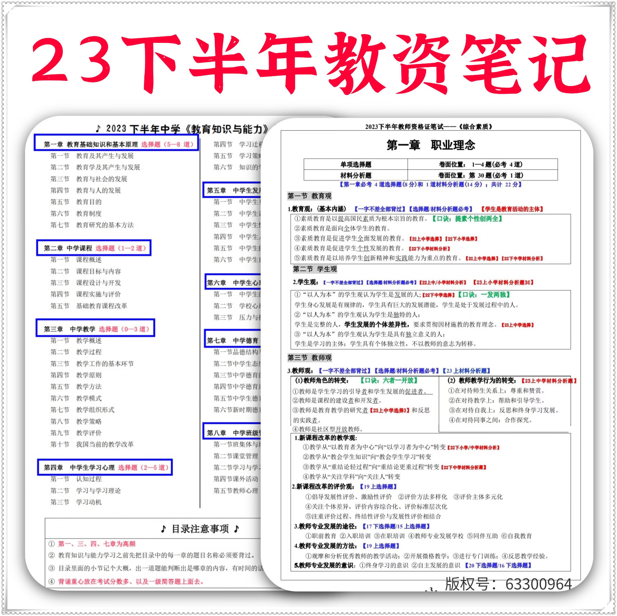 2023下半年教资考试小学资料中学高中初中教师资格重点笔记真题库 笔记 纸质版 笔记+思维导图+题库 中学（2科）评价送科