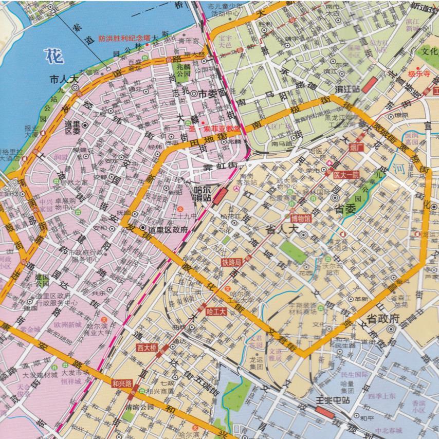 信息地图覆膜交通街区哈尔旅游双面修订版街详细 街道城市地图撕