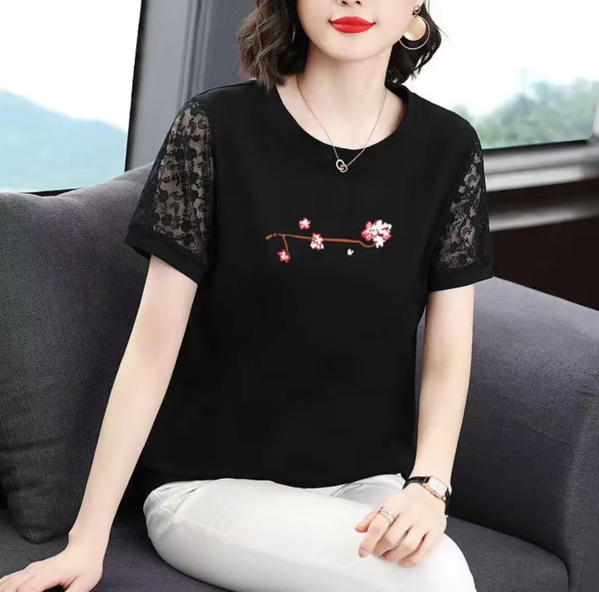 中年女士纯棉t恤女2023夏季新款妈妈短袖时尚设计感宽松显瘦上衣 红花黑色 XL 115-125斤