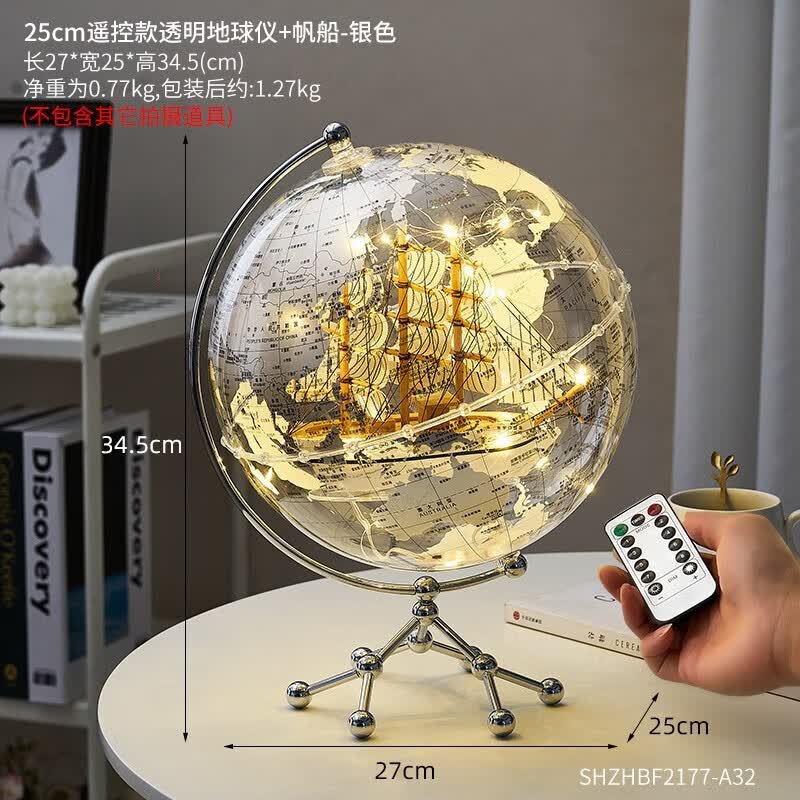 透明地球仪创意摆件轻奢高档办公室桌面水晶球酒柜电视柜装饰品大 (款)25cm(一帆风顺)银色遥控款