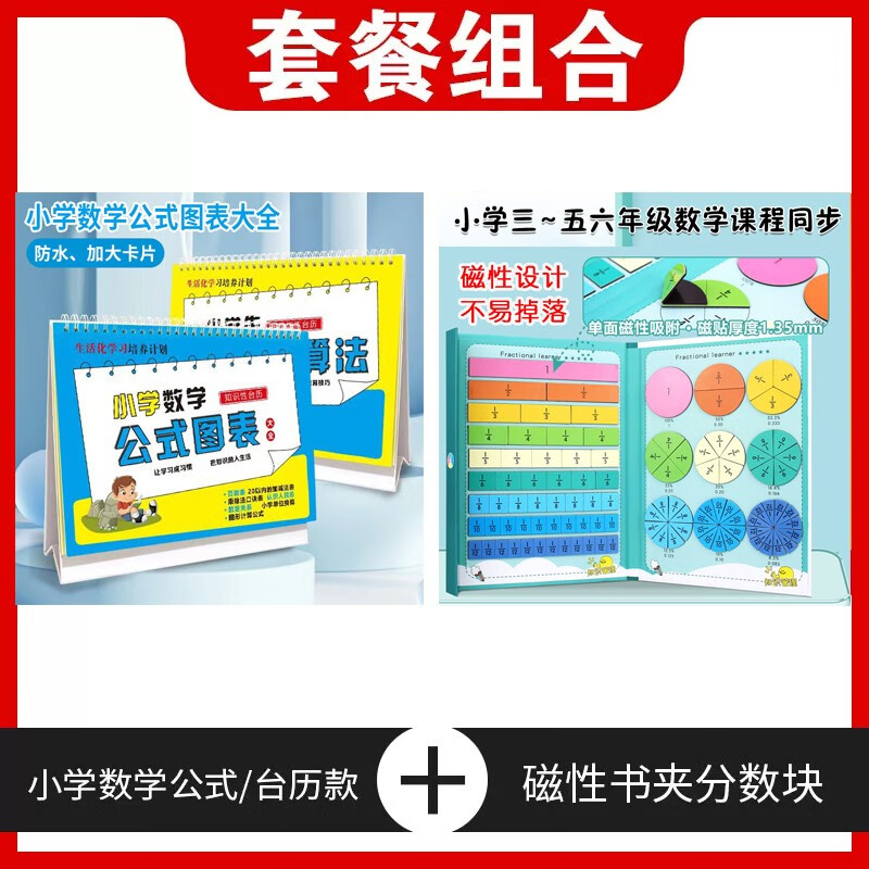 一到六年级小学数学公式图表大全台历定律手册推导卡片知识性 浅蓝色 台历+磁性分数学习器