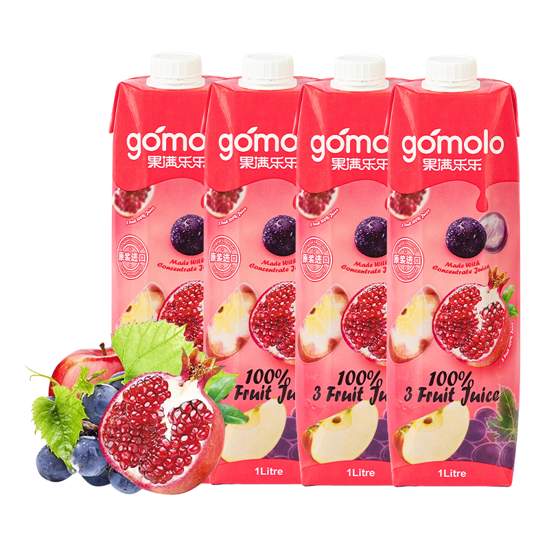 gomolo 果满乐乐 3种水果混合果汁 1L*4瓶+凑单，21.58元+运费（18.6元，凑单品1.49元/件）(补贴后17.6元 ...