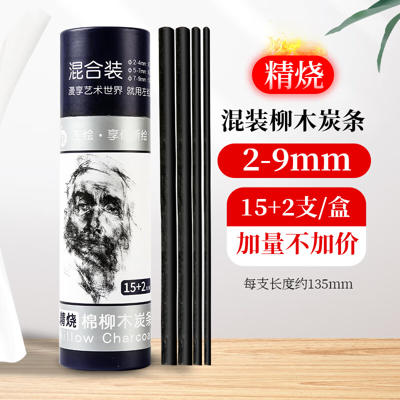左绘碳条美术生专用棉柳木炭条素描笔工具碳棒炭精画画绘画用炭笔 2-9混装精烧木炭条 15送2根 [