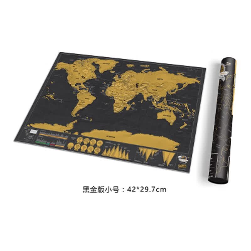 可标记刮地图中国世界版迷你小号旅行打卡旅游足迹记录挂画教学 黑金小号(世界地图) 42x29.7cm 独立+代写贺卡寄语+无框画