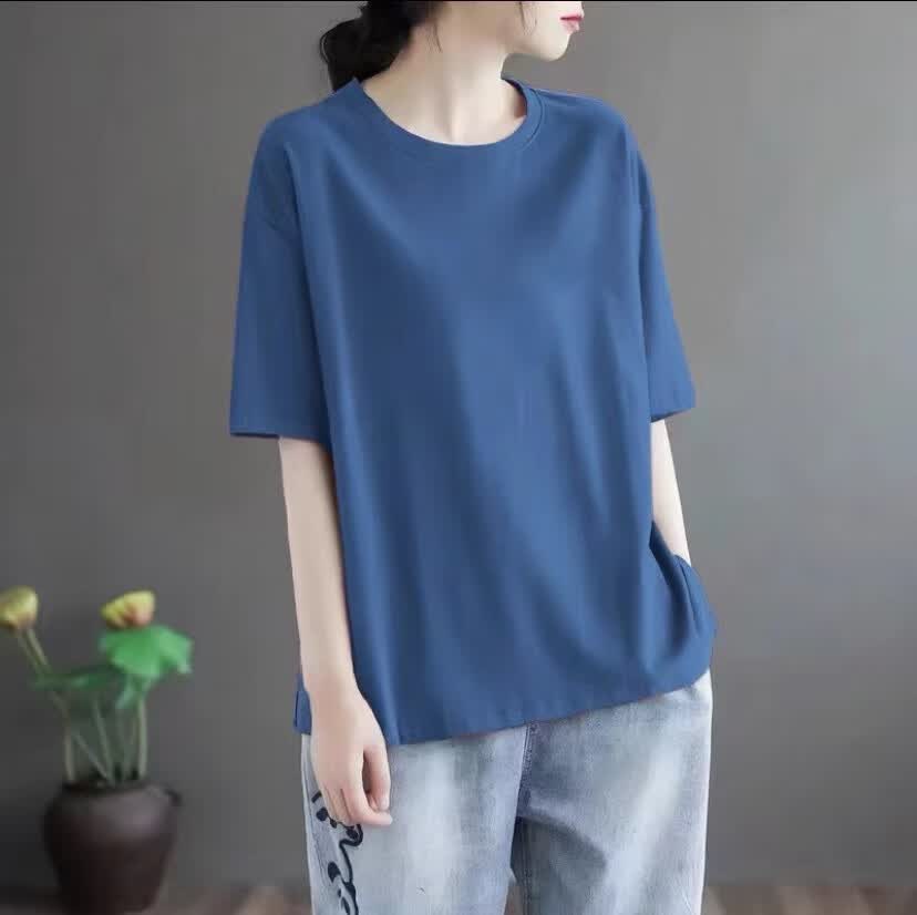 品牌折扣店~意大利出口女装夏季新款T恤100%全棉短袖宽松上衣 蓝色【纯色】 M （建议85-115斤）