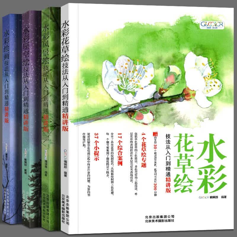 水彩绘画+水彩风景绘+水彩花草绘+水彩星空绘技法从入门到精通 (共4册)定价206