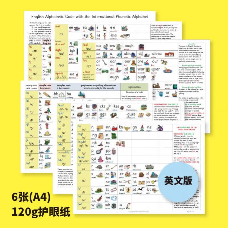 215条小学英语音标牛津自然拼读发音规则表有声挂图学习神器墙贴 6张A4护眼纸(英文版)