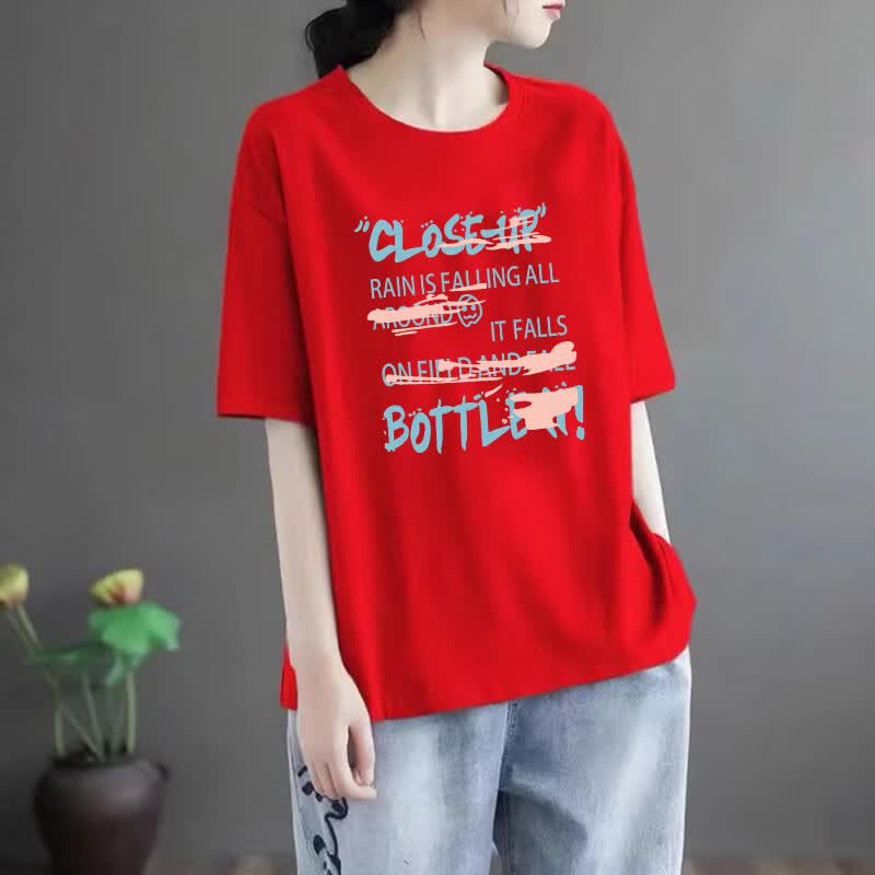 品牌折扣店~意大利出口女装夏季新款T恤100%全棉短袖宽松上衣 红色【英文涂画】 XL （建议130-145斤）