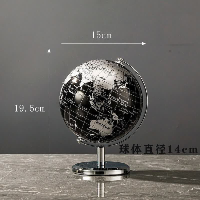 创意轻奢地球仪摆件办公室桌面摆设书房办公桌酒柜现代家居装饰品 小号-黑银线款-14cm直径(英文)