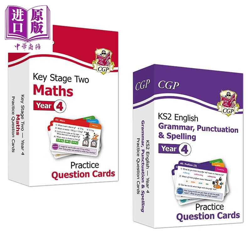 英国CGP原版 New KS2 Maths English Question Cards 小学4年级 数学 英语 语法 拼写 练习问答卡套装2册 含答案