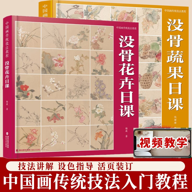 【官方旗舰店】 【附教学视频】没骨花卉日课+花木草虫绘吉祥小品国画技法 国画没骨花鸟画技法教程底稿末芥绿著工笔国画写意教程书籍临摹画法画册 2册 没骨花卉+没骨蔬果