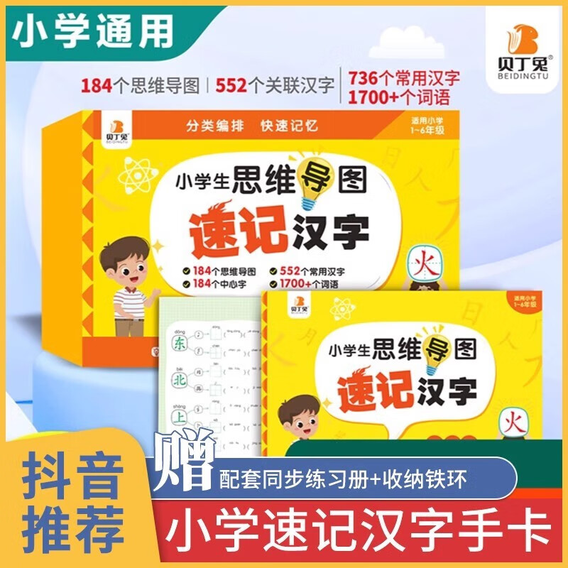 贝丁兔小学速记汉字思维导图手卡 小学生思维导图速记汉字2023新升级版1-6年级通用 一二三四五六年级识字卡片认字神器 生字预习卡 速记卡记汉字 小学速记汉字思维导图手卡1-6年级通用