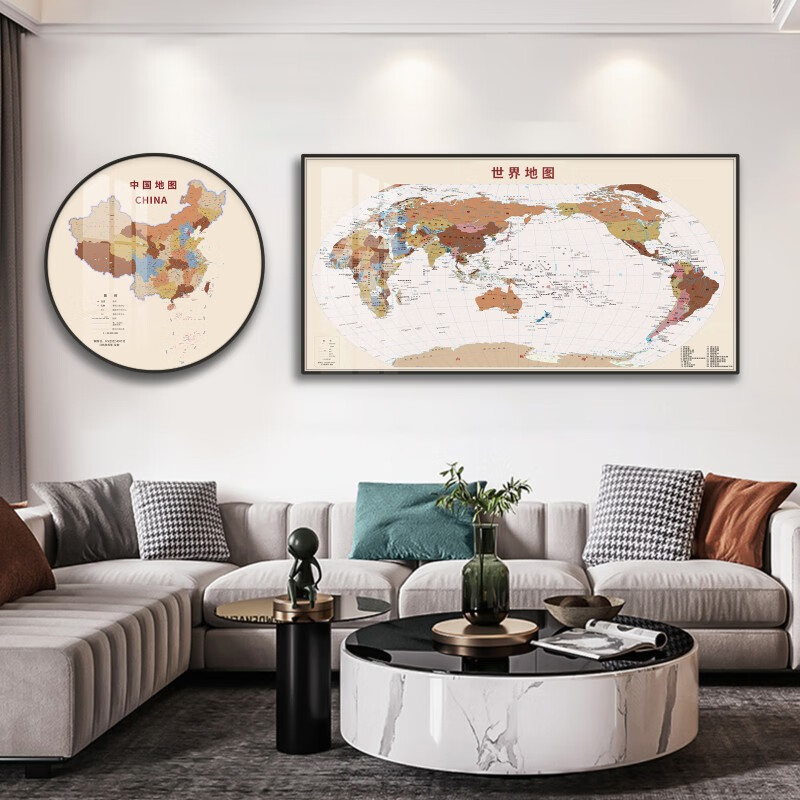 中国地图挂画客厅沙发背景墙面装饰画现代简约办公室世界地图壁画 A款 拉丝铝合金框+轻奢晶瓷亮面+120*120cm直径