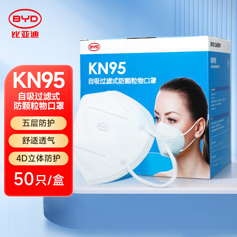 比亚迪(BYD) KN95自吸过滤式口罩 五层防尘防雾霾口罩99%过滤 50只独立包装 - 今日热卖官网