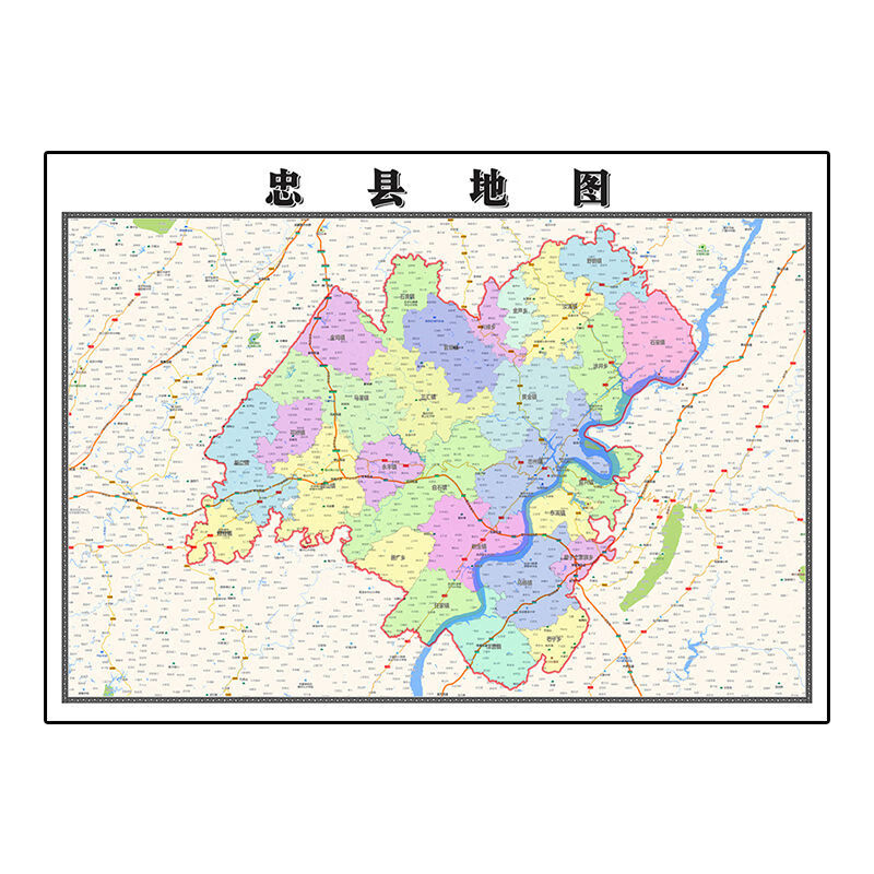 忠县地图1.1米重庆市新版会客厅装饰画书房沙发办公室会议室贴画 覆膜