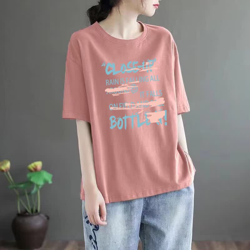 品牌折扣店~意大利出口女装夏季新款T恤100%全棉短袖宽松上衣 胭脂粉【英文涂画】 M （建议85-115斤）