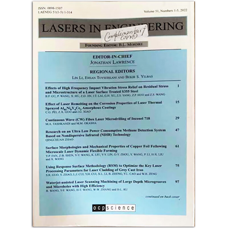 Lasers in Engineering Vol.51 N.1-5 2022年 英文工程激光应用研 2022年5月刊