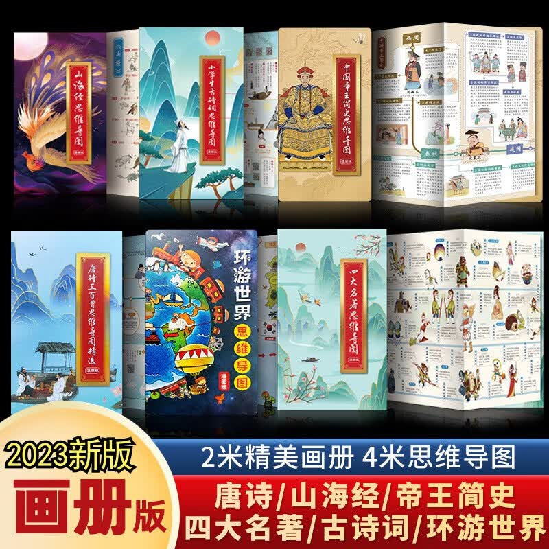 2023新版四大名著思维导图知识点画册漫画版原著版小学生，初中，高中三海经/唐诗三百首/小学生古诗词/中国帝王简史/环游世界思维导图漫画版折页挂图2米画册4米人物关系图有1一分钟了解中国历史串读小学