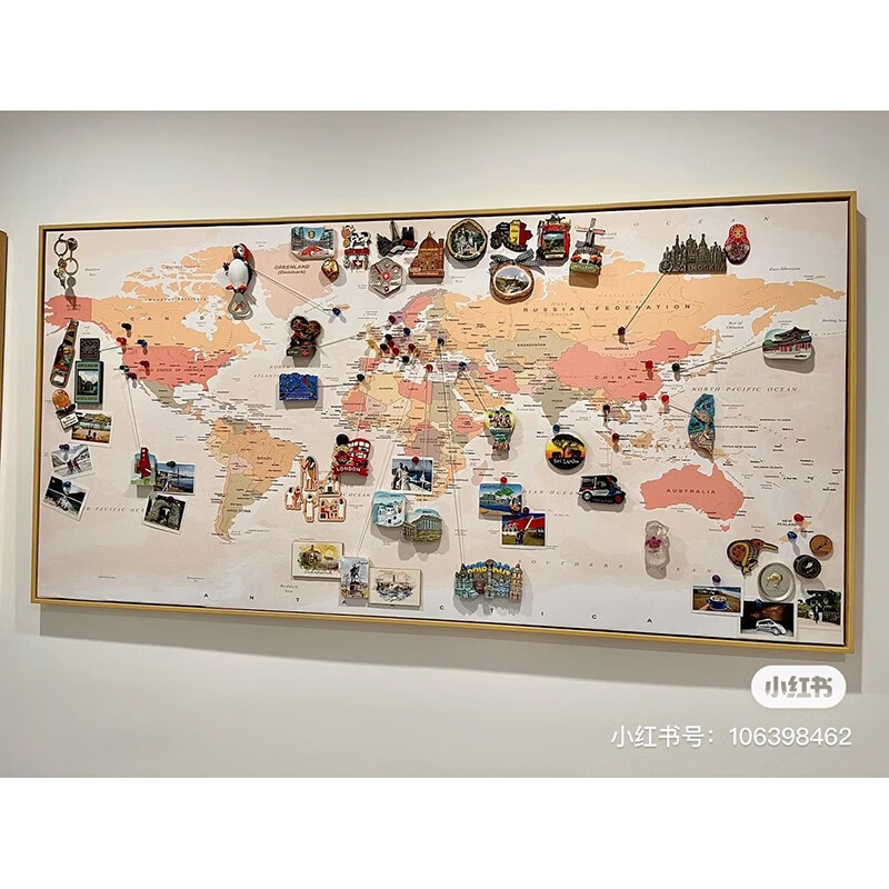 博主同款旅游标记中国世界地图磁吸旅行足迹地图挂画客厅装饰画 世界地图 (英文版) PS环保框+防水纹理油画布+磁吸版+60*80+华