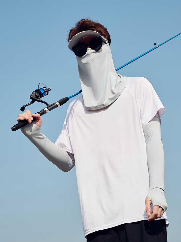 防晒面罩男士冰丝面巾脸罩夏季户外遮全脸口罩防紫外线遮脖子面纱 男面罩+袖套 浅灰