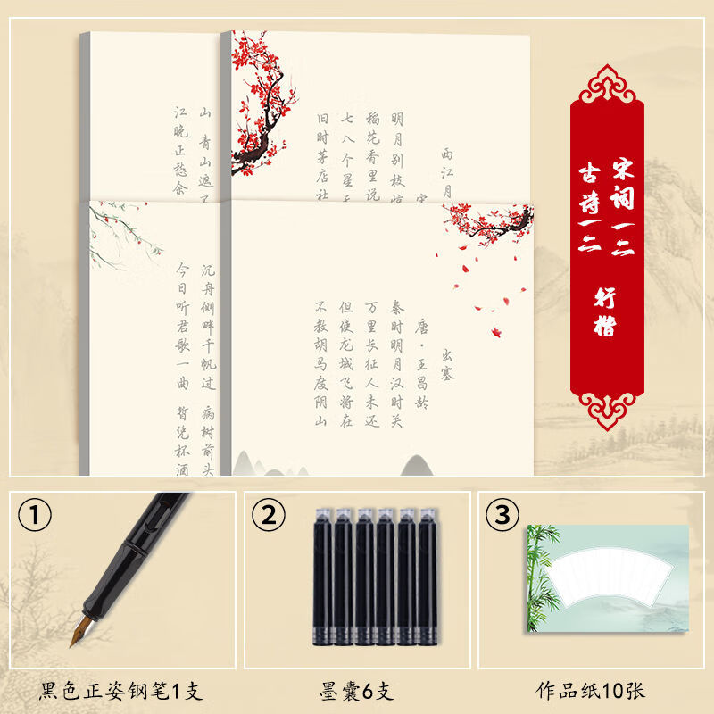 古风版古诗词字帖女生字体漂亮临摹唐诗宋词练字帖卫夫人楷书钢笔字帖成年楷书学生练字专用每日一练成人练字男生硬笔书法练字本 128首古诗词[行楷版]豪华套餐