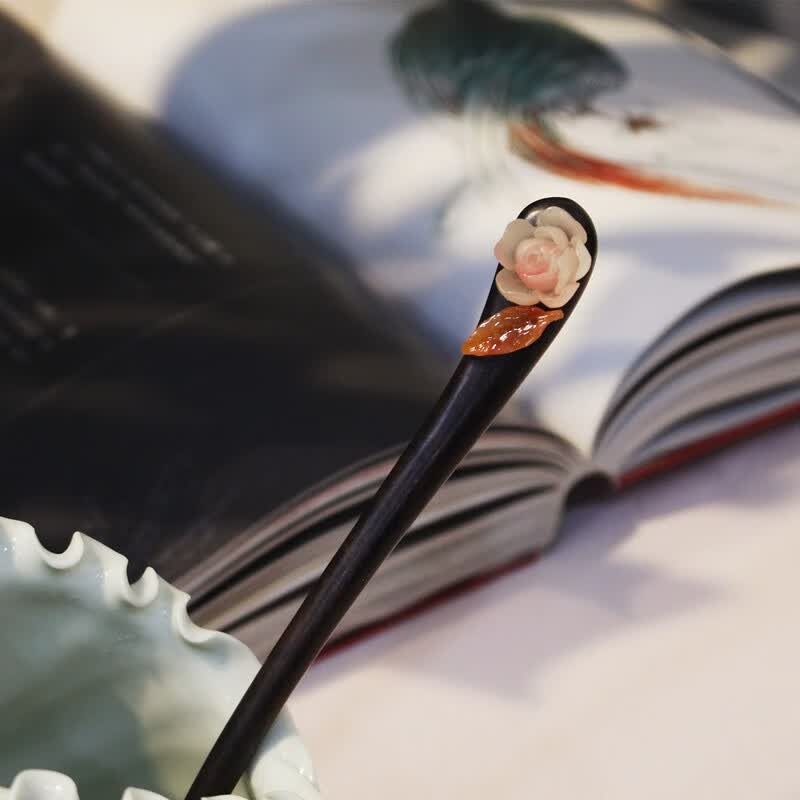 双叶发簪古典黑檀木古风发簪汉服古装发饰品头饰盘发百搭木簪子 花朵发簪PP袋装