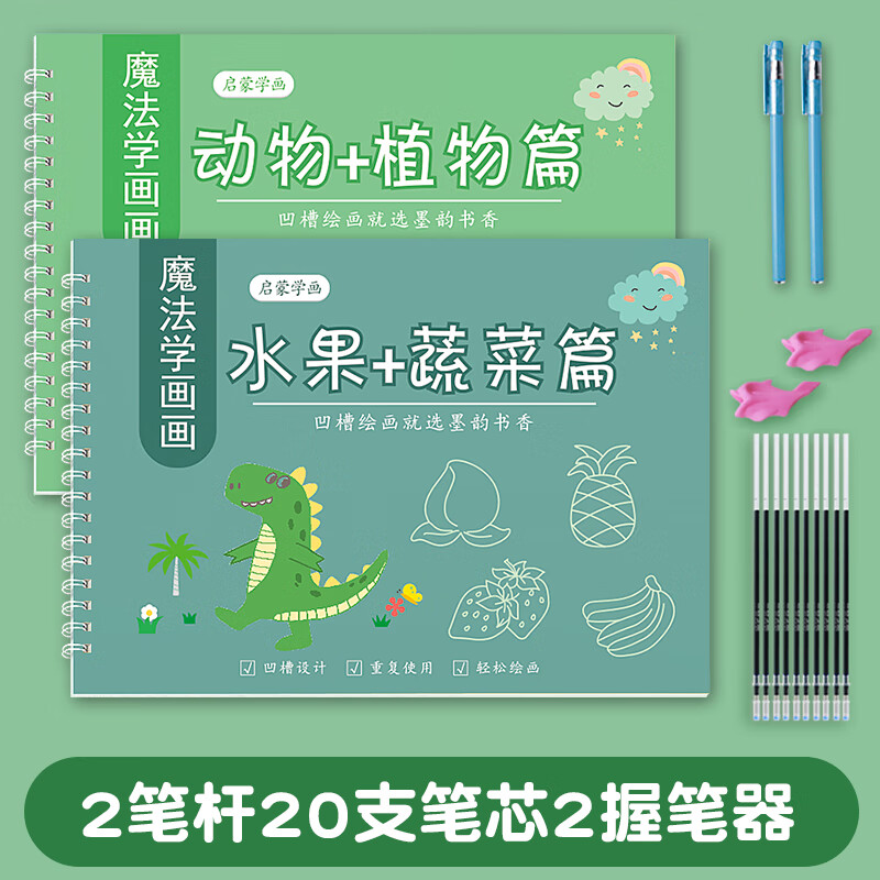 控笔训练画画本儿童幼儿园绘画本图画本入门初学者启蒙练习3-8岁儿童凹槽学画画练字帖凹槽练字帖学前班简 2本装水果蔬菜+动物植物大尺寸升级版